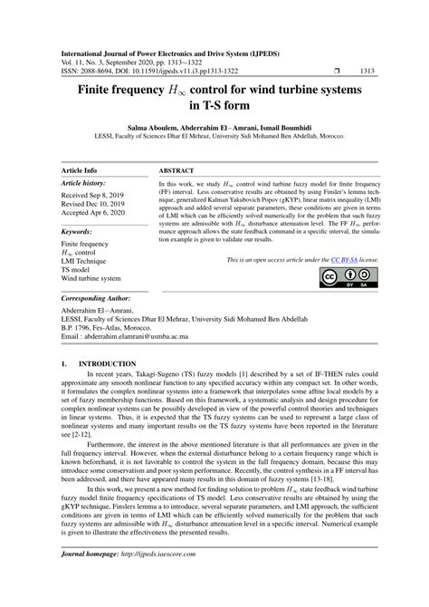 Pdf Finite Frequency H∞ Control For Wind Turbine Systems In T S Form