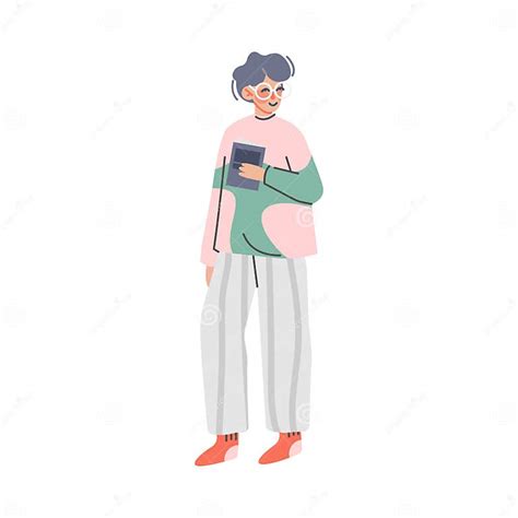 Young Woman In Comfy Home Clothes Standing With Book Girl In Cozy