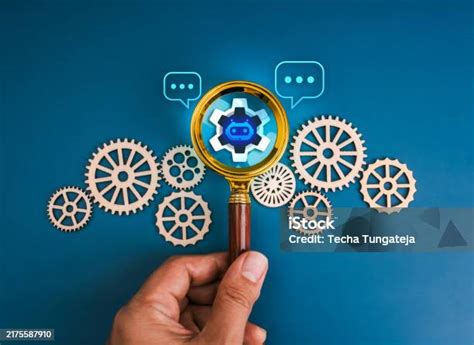 Ai 검색 도구 로봇 작업 비즈니스 서비스 개발 및 관리 기술 개념 챗봇 아이콘 돋보기 렌즈 손 장식 와 많은 장비 톱니바퀴