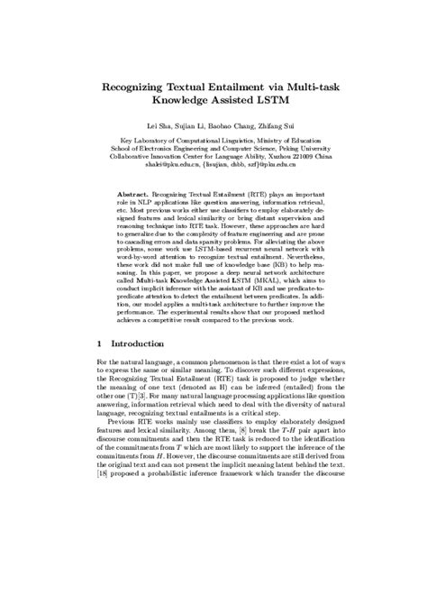 pdf recognizing textual entailment via multi task knowledge assisted lstm
