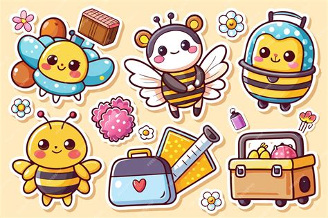 Cute Cartoon Bees With Flowers Tools And Other Objects On A Yellow