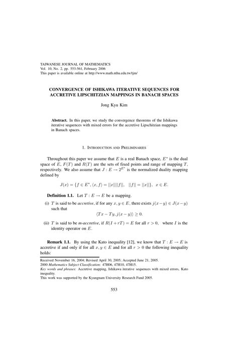 Pdf Convergence Of Ishikawa Iterative Sequences For Accretive