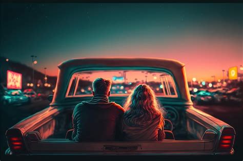 Casal Em Um Carro Assistindo A Um Filme Em Uma Tela Grande De Cinema Ao
