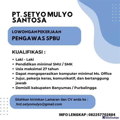 Lowongan Kerja Pengawas Spbu Pt Setyo Mulyo Santosa Juli 2024