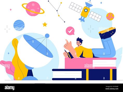 Astronomy Vector Illustration Featuring People Observing A Starry Night Sky With Galaxies And