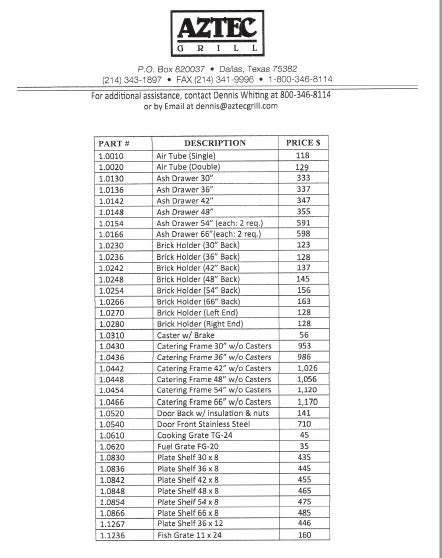 Parts And Price List Aztec Grill