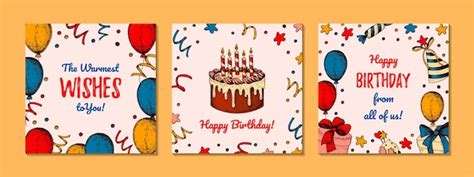 Satz Happy Birthday Grußkarten Handgezeichnetes Design Premium Vektor