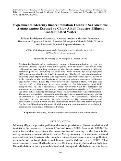 Experimental Mercury Bioaccumulation Trends In Sea Anemone Actinia Equina Exposed To Chlor