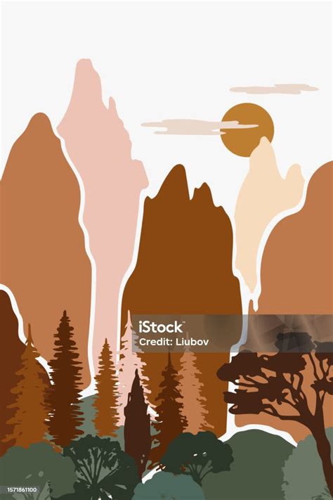 산 바위 하늘 태양 양식화된 중국 산 풍경 마운틴 아바타 종이 컷 스타일의 템플릿입니다 새벽 해질녘 지구 색상의 추상 벡터
