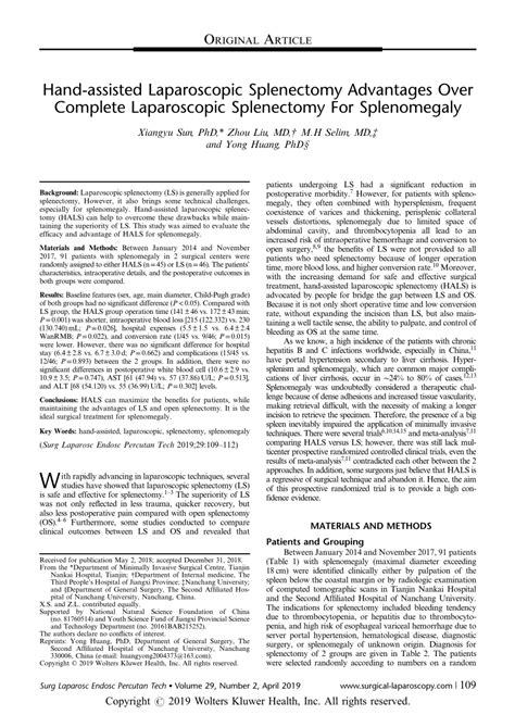 Pdf Hand Assisted Laparoscopic Splenectomy Advantages Over Complete
