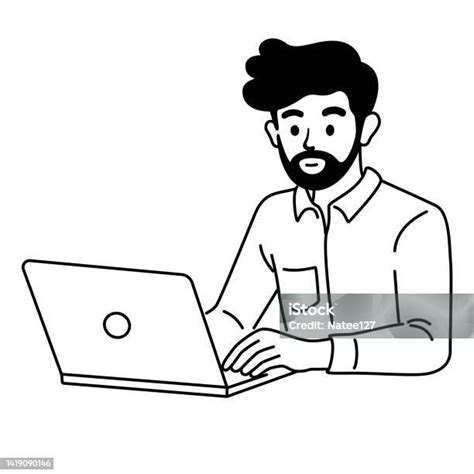 컴퓨터 격리 벡터 일러스트 레이 션 윤곽선 손으로 그린 낙서 라인 아트 만화 디자인 캐릭터로 작업하는 사업가 30 39세에 대한 스톡 벡터 아트 및 기타 이미지 Istock