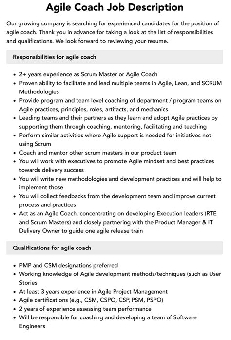 Agile Coach Job Description Velvet Jobs