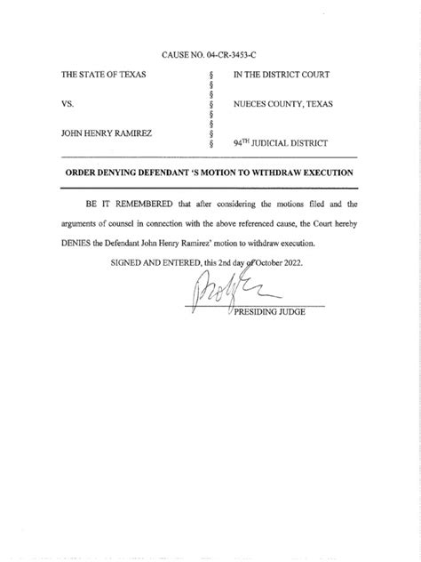 Order Denying Motion To Withdraw Execution Of John Henry Ramirez Pdf
