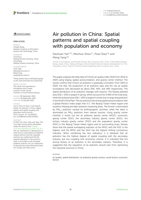 Pdf Air Pollution In China Spatial Patterns And Spatial Coupling With Population And Economy