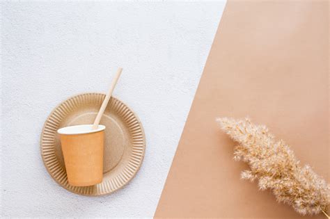식품을위한 친환경 기구의 개념 골판지 접시 컵 과 투톤 배경에 빨대를 마시는 맨 위 보기입니다 0명에 대한 스톡 사진 및 기타