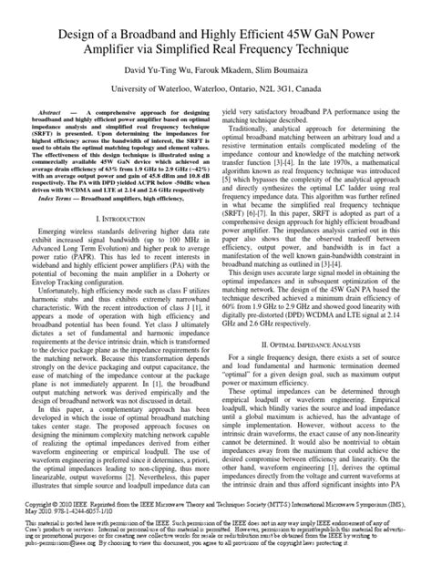 Pdf Design Of A Broadband Highly Efficient 45w Gan Pa Via Simplified Real Freq Technique