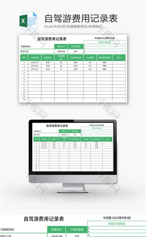 自驾游费用记录表excel模板千库网excelid：177769