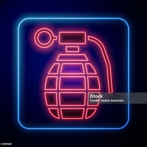 파란색 배경에 고립 된 빛나는 네온 손 수류탄 아이콘 폭탄 폭발 벡터 Launch Party에 대한 스톡 벡터 아트 및 기타 이미지 Launch Party 경쟁자