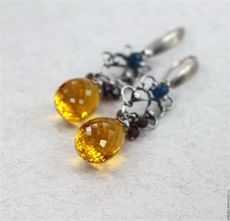 Серебряные серьги с цитрином и гранатами Honey длинные серьги в