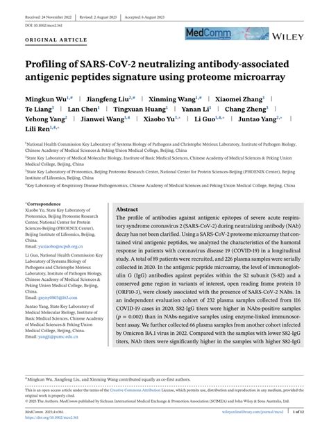 Pdf Profiling Of Sars‐cov‐2 Neutralizing Antibody‐associated Antigenic Peptides Signature