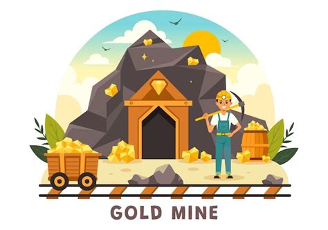 광산 산업 활동과 함께 금 광산 터 일러스트레이션은 평평한 스타일의 만화 배경에서 동전 보석 및 보석의 보물 더미를 특징으로합니다 프리미엄 벡터