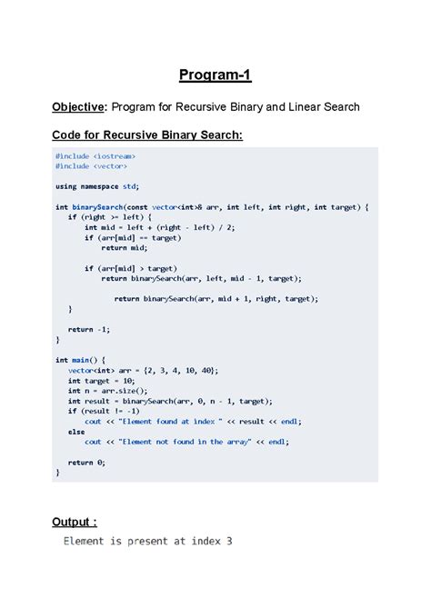 Daa Practical File Program Objective Program For Recursive Binary