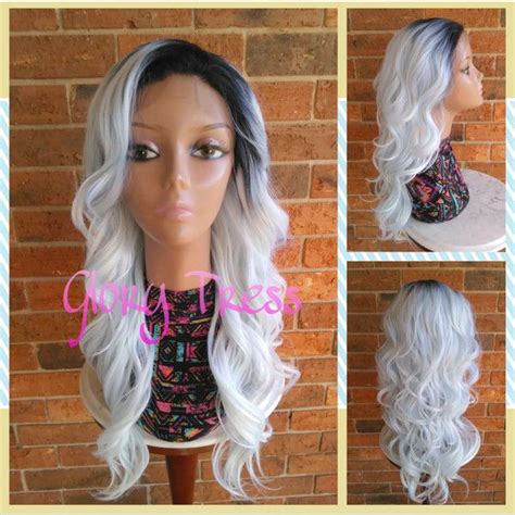 Ready To Ship Long Body Wave Lace Front Wig Dark Rooted Ombre Silver