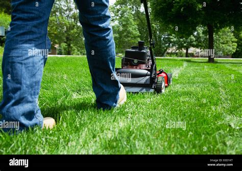 Man Mowing Lawn Stock Photo Alamy
