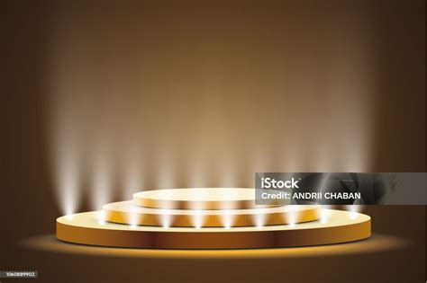 어두운 배경 첫 번째 장소 명성과 인기에 스포트 라이트와 함께 골든 연단 벡터 일러스트 레이 션 1에 대한 스톡 벡터 아트 및