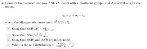 solved 4 consider the balanced one way anova model with i