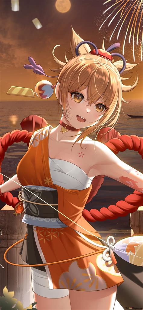 Genshin Impact Yoimiya Sea And Fireworks Pose K Wallpaper Download