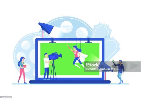만화 색상 캐릭터 사람들이 영화 비디오 제작 개념을 만드는 벡터 가정용 캠코더에 대한 스톡 벡터 아트 및 기타 이미지 가정용