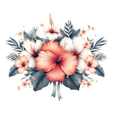 Elegant White And Peach Hibiscus Bouquet With Green Leaves And Ribbon