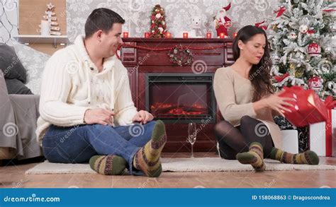 Wife Surprises Husband With A Big Red Presents Box In Christmas Eve Stock Video Video Of
