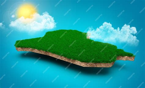 밝은 푸른 하늘 3d 그림에 이라크 구름 나무 태양 광선의 이라크 지도 현실적인 3d 지도 프리미엄 사진