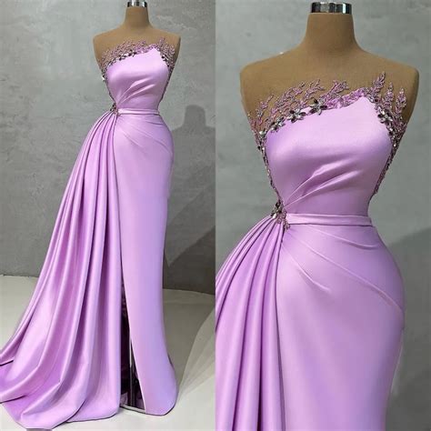 Elegant Satin Mermaid Lilac Prom Dress Long With Sheer Neckline Side