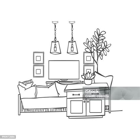 인테리어 디자인 일러스트 레이 션 밑그림입니다 모던 화이트 거실 유행 스타일입니다 집 집 장식입니다 가구 라운지 손을 그려입니다 소파 쿠션 테이블 부엌 찬 장 Tv 단위