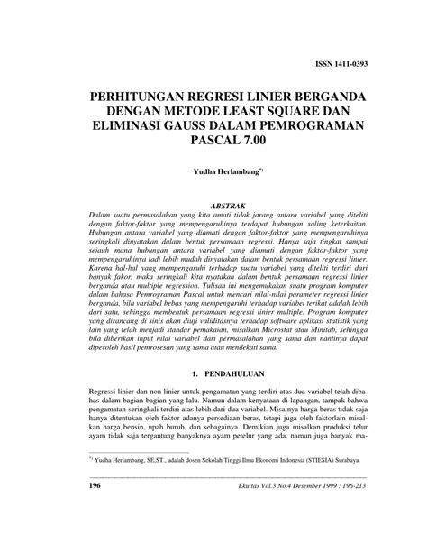 Pdf Perhitungan Regresi Linier Berganda Dengan Metode Least Square Dan Eliminasi Gauss Dalam