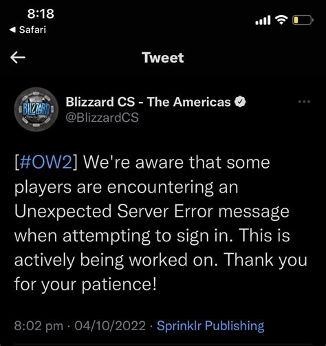 “were Aware That Some Players Are Encountering An Unexpected Server Error Message” Roverwatch