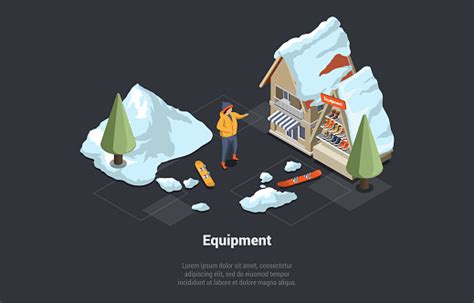 겨울 방학과 극단적인 휴가 개념 여성 캐릭터는 스키 장비 매장 리조트에서 스노보드와 코치를 대여하고 있다 눈 덮인 차 근처에 서 있는 소녀 아이소메트릭 3d 벡터