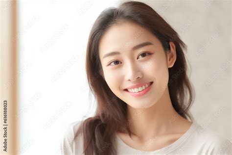 Beautiful Asian Woman Close Up On Her Face With Smooth Skin Look At
