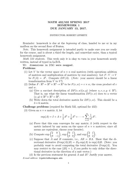 HW Homework Assignment MATH SPRING HOMEWORK DUE JANUARY INSTRUCTOR