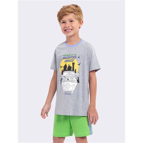 Pijama Manga Curta Masculino Infantil Scooby Doo Haunted House Brilha