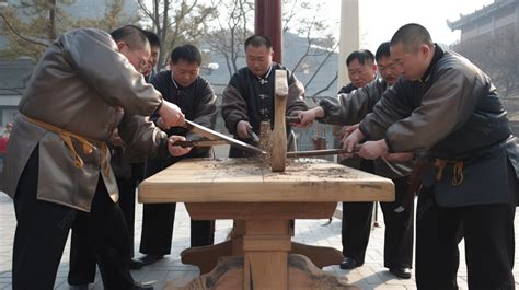 Group Of Men Doing Some Carving On A Table With Two Axes Background