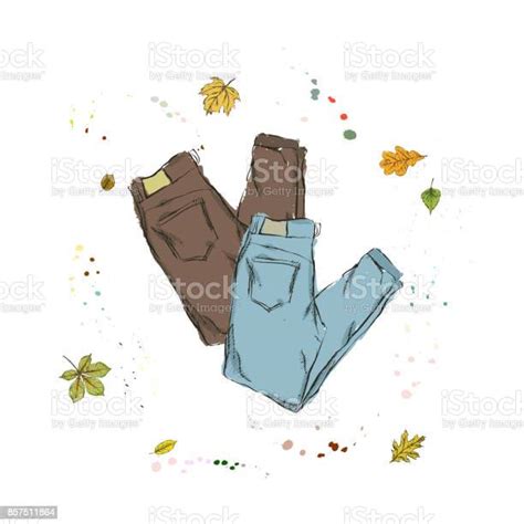 갈색과 파란색 청바지의 집합입니다 가 나뭇잎의 배경 및 수채화의 방울에 의류 손에 흰색 바탕에 그려진된 벡터 일러스트 레이 션 0명에 대한 스톡 벡터 아트 및 기타 이미지