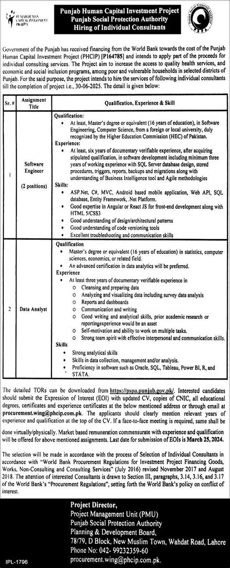 Punjab Human Capital Investment Project Lahore Jobs 2024