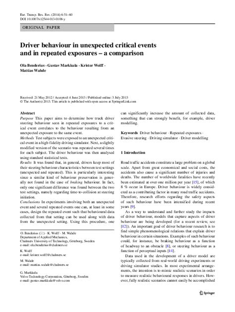 Pdf Driver Behaviour In Unexpected Critical Events And In Repeated
