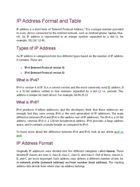 Ip Address Format And Table Pdf Ip Address I Pv6