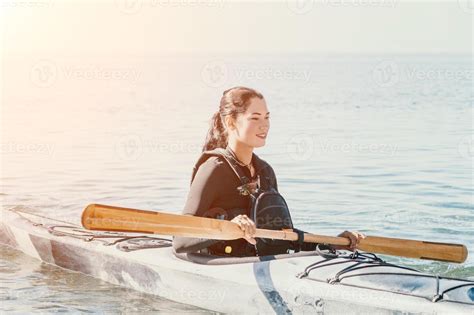 Woman Sea Kayak Happy Smiling Woman In Kayak On Ocean Paddling With