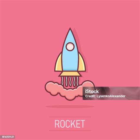 코믹 스타일의 벡터 만화 로켓 아이콘 시작 사인 일러스트 픽토그램 로켓 비즈니스 스플래시 효과 개념 Launch Party에 대한 스톡 벡터 아트 및 기타 이미지 Istock